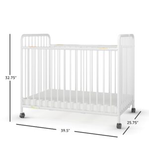 Child Craft Little Dreamer Metal Compact Folding Portable Crib with 2” Crib Mattress and 2 Easy Roll Locking Wheels, Durable Metal Construction, Easy to Clean (White)