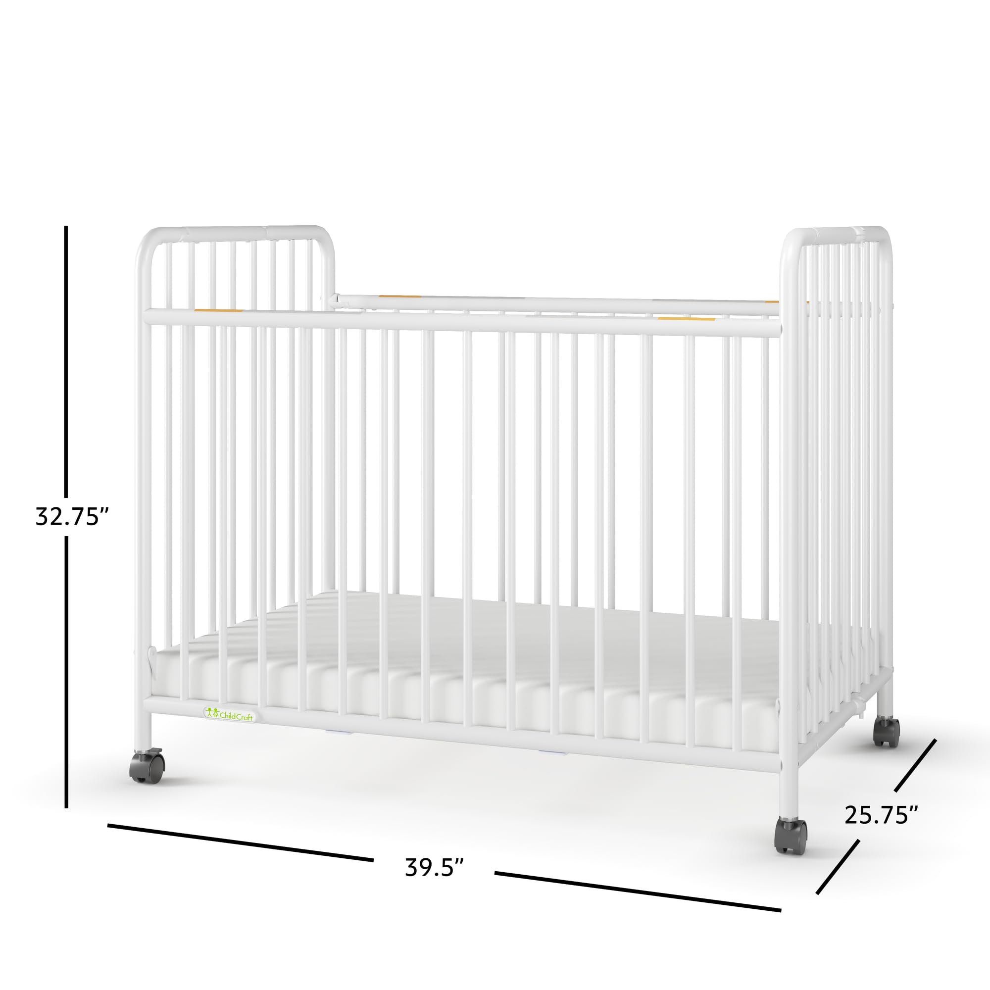 Child Craft Little Dreamer Metal Compact Folding Portable Crib with 2” Crib Mattress and 2 Easy Roll Locking Wheels, Durable Metal Construction, Easy to Clean (White)