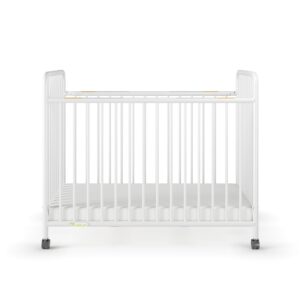 Child Craft Little Dreamer Metal Compact Folding Portable Crib with 2” Crib Mattress and 2 Easy Roll Locking Wheels, Durable Metal Construction, Easy to Clean (White)