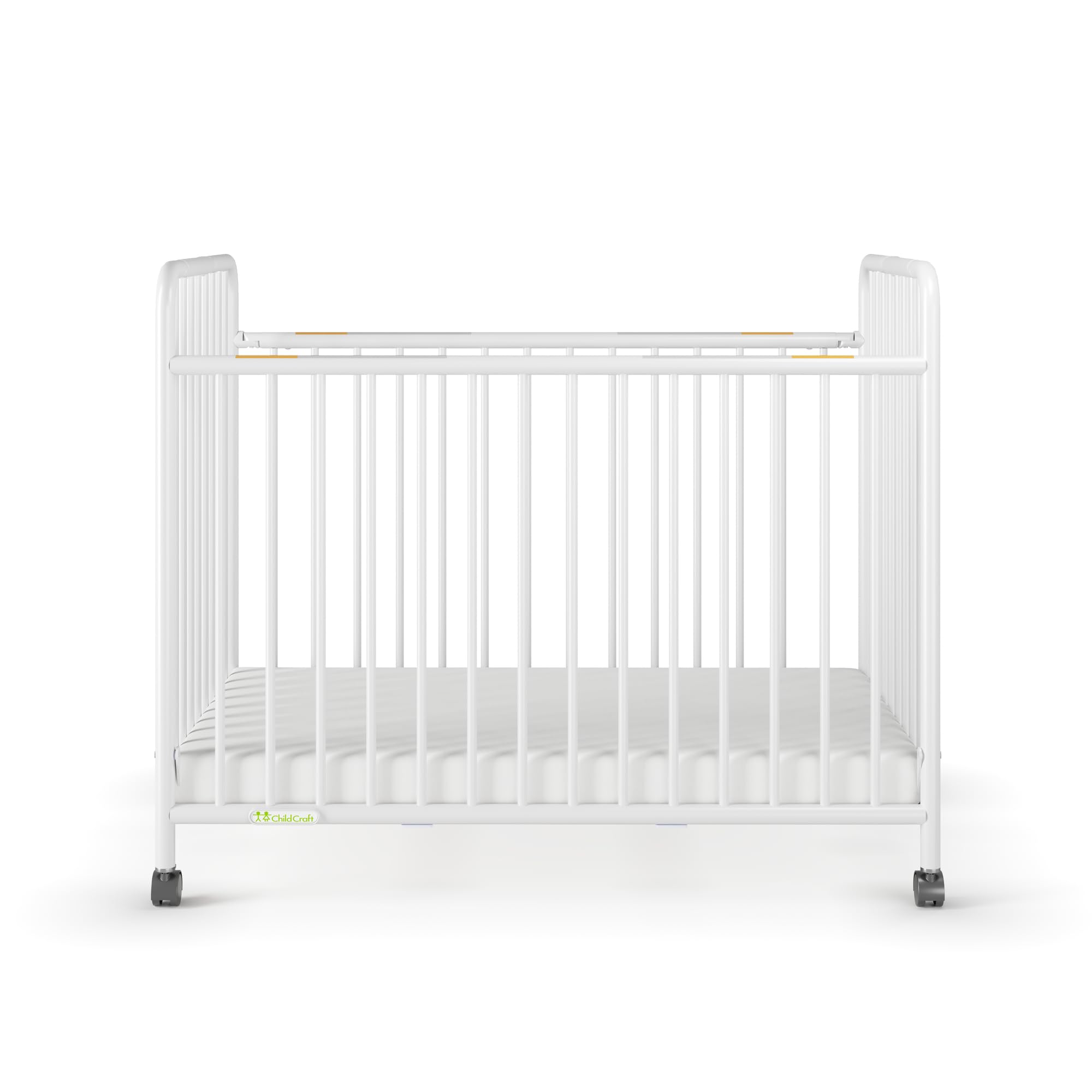 Child Craft Little Dreamer Metal Compact Folding Portable Crib with 2” Crib Mattress and 2 Easy Roll Locking Wheels, Durable Metal Construction, Easy to Clean (White)