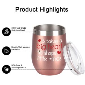 GINGPROUS It Takes a Big Heart to Shape Little Minds Wine Tumbler, 12 Oz Stainless Steel Wine Tumbler Glass with Lid and Straw, Funny Birthday Thank you Teacher Appreciation Gifts for Teachers Women