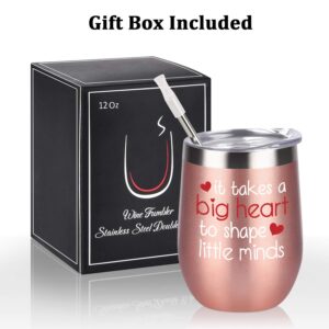 GINGPROUS It Takes a Big Heart to Shape Little Minds Wine Tumbler, 12 Oz Stainless Steel Wine Tumbler Glass with Lid and Straw, Funny Birthday Thank you Teacher Appreciation Gifts for Teachers Women