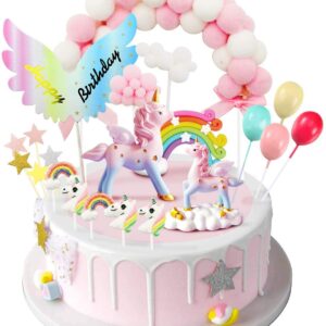 MOVINPE Unicorn Cake Topper, Magic Unicorns Sculpture, Pink Hairball Arch, Rainbow, Wings Birthday Banner, Cloud, Balloon, Stars, Little Unicorn Rainbows, Cake Decoration For Girl Kid Women Party