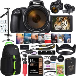 nikon coolpix p1000 compact digital 4k uhd camera w/ 125x zoom super telephoto lens filmmaker's bundle with vivitar st-6000 stabilizer tripod + deco gear backpack + filter kit + software & accessories