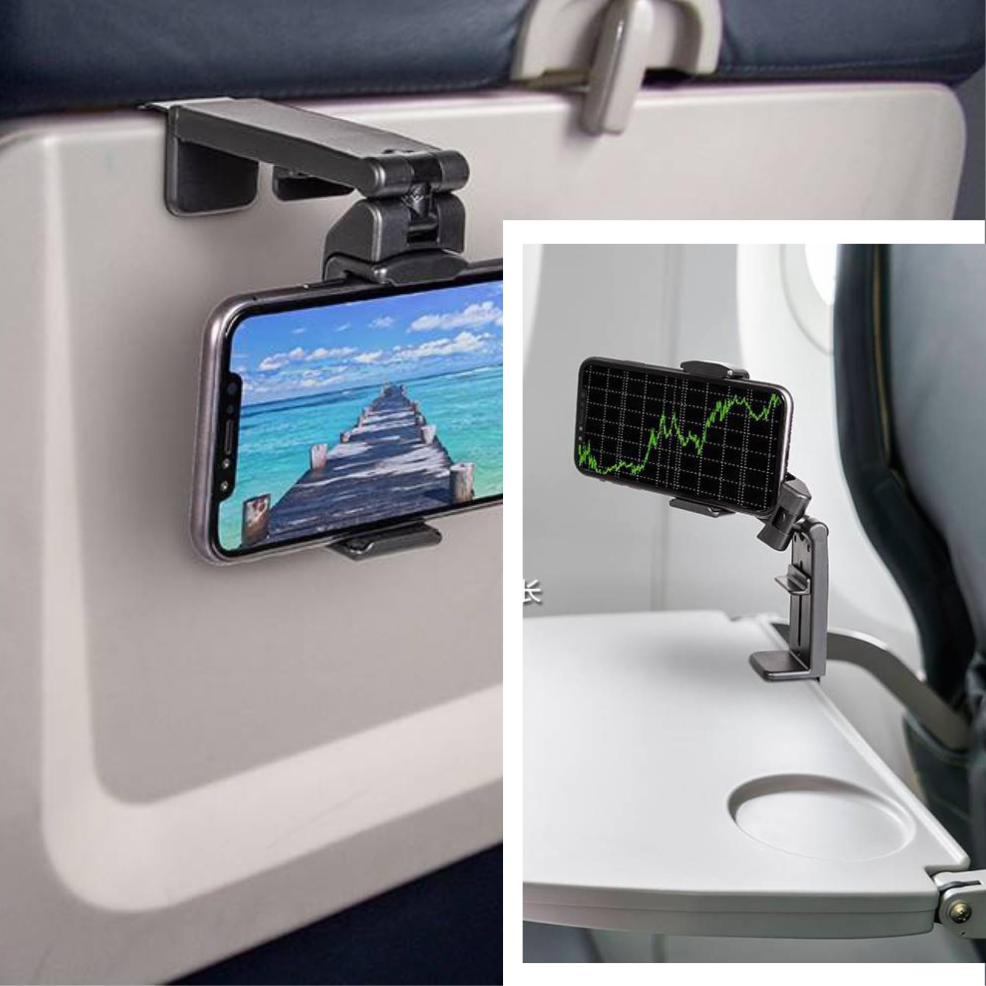 1st Class Kid Plane Pocket & Tray Table Cover Bag Set | Universal In-Flight Phone Holder | Hands-free Phone Mount with Flexible Rotation for Airplane, Phone Stand for Desk | Travel Hack Must Haves