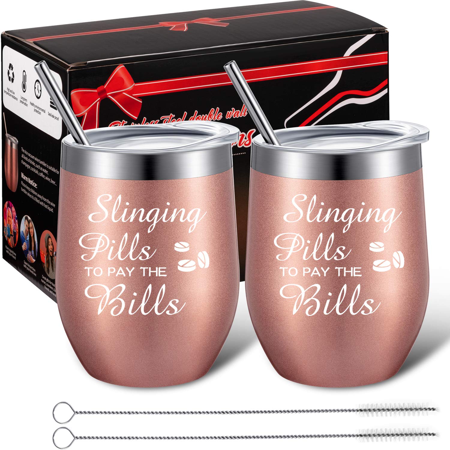 Boao 2 Pcs Pharmacy Technician Gifts for Women, Slinging Pills to Pay The Bills 12 Oz Wine Tumbler Pharmacist Graduation Funny Present for Nursing Coworker Student(Rose Gold)