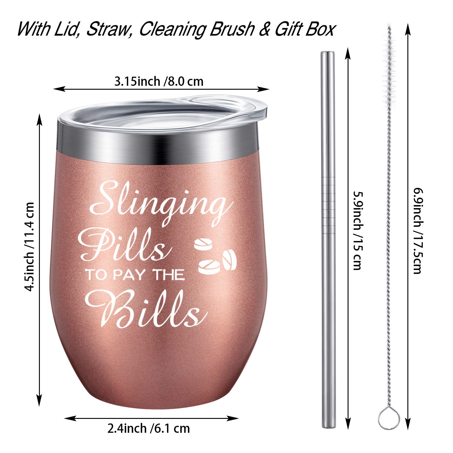 Boao 2 Pcs Pharmacy Technician Gifts for Women, Slinging Pills to Pay The Bills 12 Oz Wine Tumbler Pharmacist Graduation Funny Present for Nursing Coworker Student(Rose Gold)