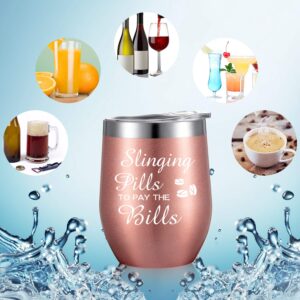 Boao 2 Pcs Pharmacy Technician Gifts for Women, Slinging Pills to Pay The Bills 12 Oz Wine Tumbler Pharmacist Graduation Funny Present for Nursing Coworker Student(Rose Gold)