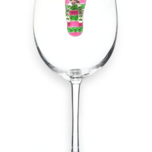 THE QUEENS' JEWELS Pink and Green Flip Flop Jeweled Stemmed Wine Glass, 21 oz. - Unique Gift for Women, Birthday, Cute, Fun, Not Painted, Decorated, Bling, Bedazzled, Rhinestone