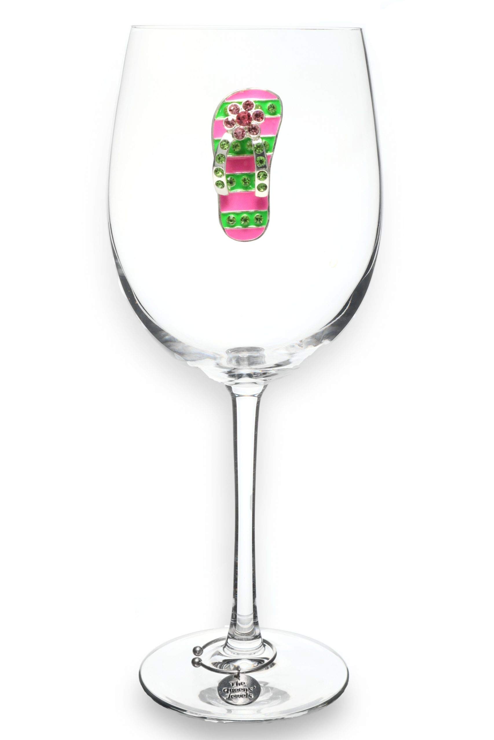 THE QUEENS' JEWELS Pink and Green Flip Flop Jeweled Stemmed Wine Glass, 21 oz. - Unique Gift for Women, Birthday, Cute, Fun, Not Painted, Decorated, Bling, Bedazzled, Rhinestone