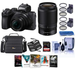 nikon z50 dx-format mirrorless camera with nikkor z dx 16-50mm f/3.5-6.3 vr and z dx 50-250mm f/4.5-6.3 vr lenses - bundle with camera case, 32gb sdhc u3 card, 62/46mm filter kits, pc software, more