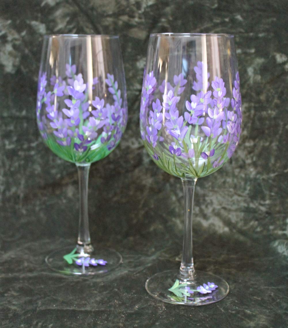 Hand Painted Wine Glasses - Purple Lavender (Set of 2)