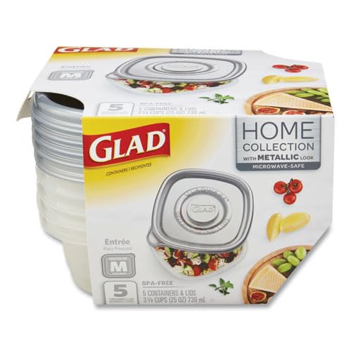 GladWare Home Entree Food Storage Containers, Medium Square Holds 25 Ounces of Food, 5 Count Set |With Glad Lock Tight Seal, BPA Free Containers and Lids