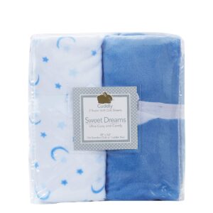 Cozy Fleece Microplush Super Soft Fitted Crib Sheets (Set of 2), Blue/White with Moon & Stars