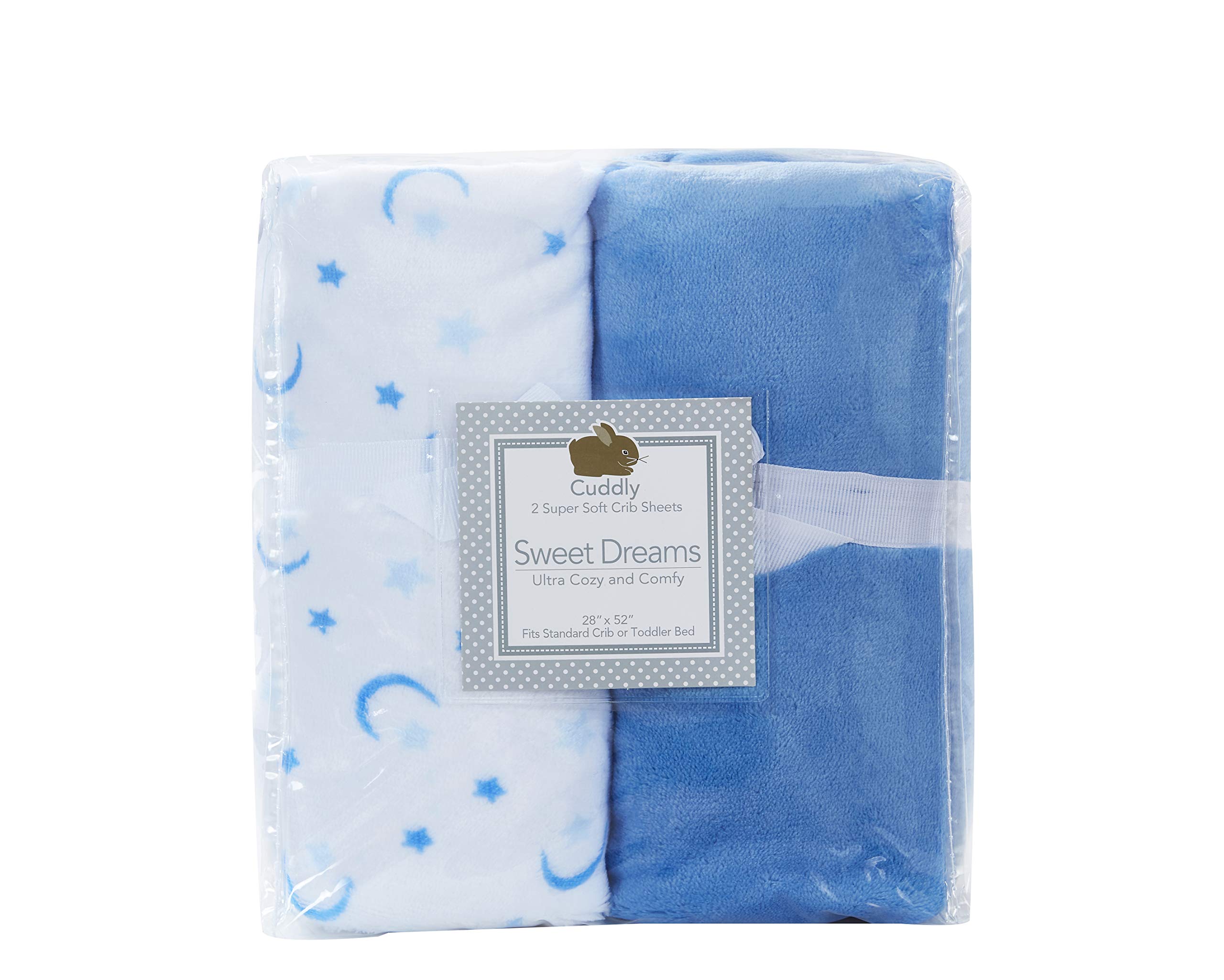 Cozy Fleece Microplush Super Soft Fitted Crib Sheets (Set of 2), Blue/White with Moon & Stars