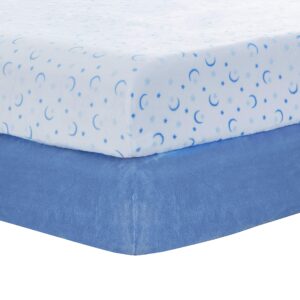 Cozy Fleece Microplush Super Soft Fitted Crib Sheets (Set of 2), Blue/White with Moon & Stars