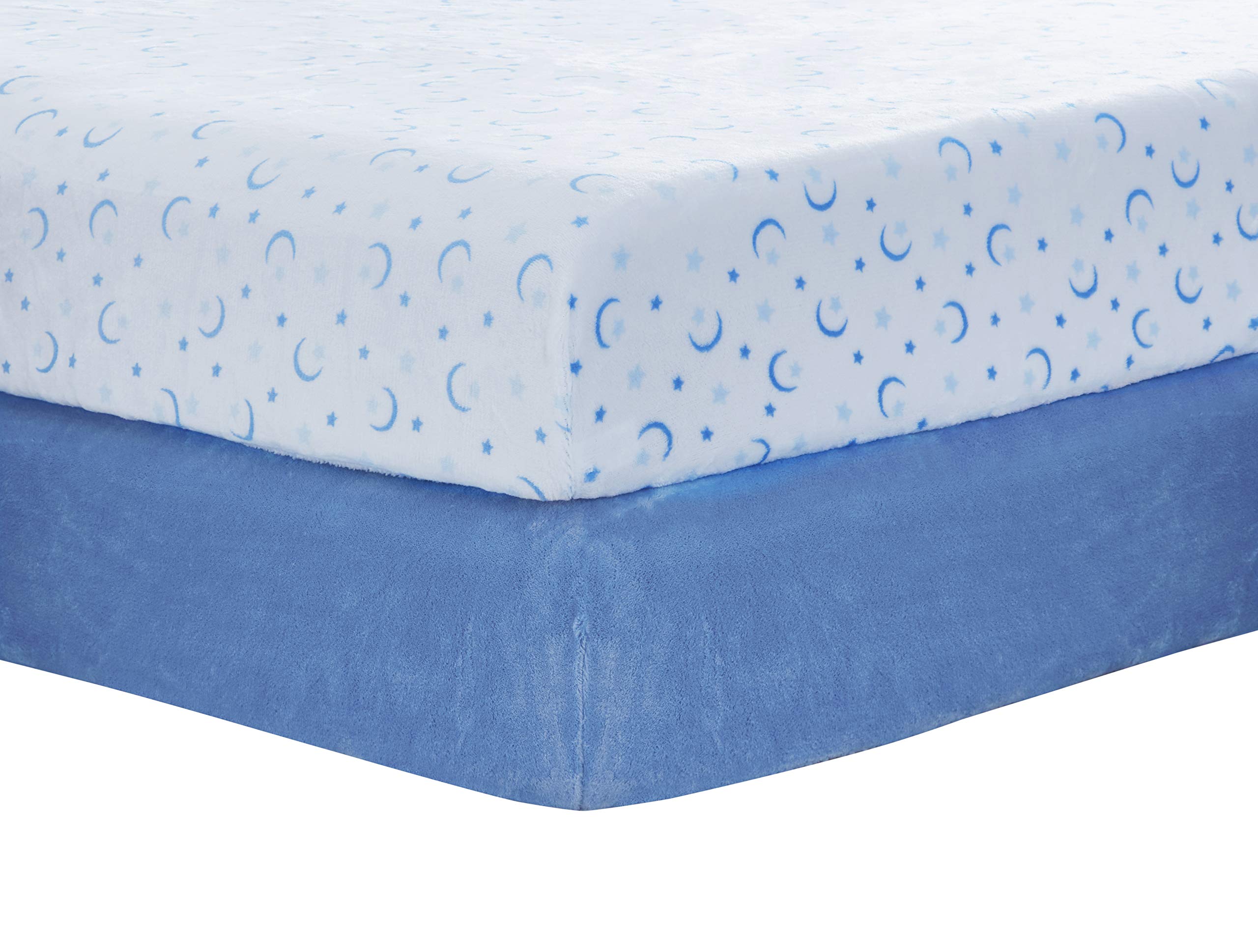 Cozy Fleece Microplush Super Soft Fitted Crib Sheets (Set of 2), Blue/White with Moon & Stars