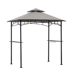 Sunjoy 5 x 8 ft Grill Gazebo with Double Tiered Canopy Roof, Black Steel Frame Grill Gazebo for Outdoor, Patio, Garden, and Backyard Activities, Tan and Brown