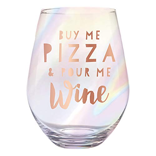 Slant Collections Iridescent with Rose Gold Writing Funny Birthday Gift Jumbo Stemless Wine Glass Holds a Whole Wine Bottle, 30-Ounces, Pizza & Wine