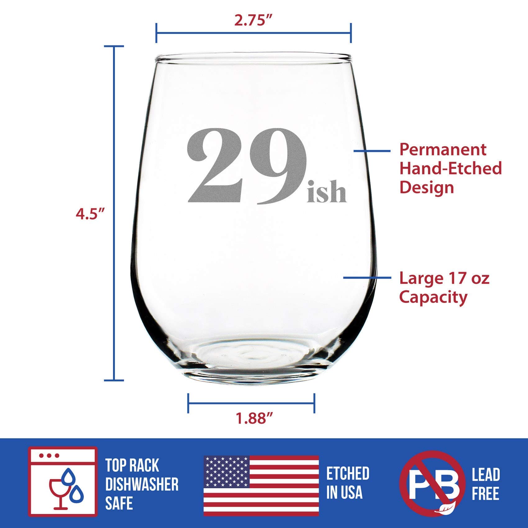 29ish - Funny 30th Birthday Wine Glass for Women Turning 30 - Large 17 Oz - Bday Party Decorations