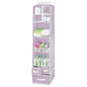 mdesign fabric hanging organizer - over closet rod storage - 7 shelves/3 drawers for baby nursery or bedroom organization, holds clothes, linens, toys, accessories, jane collection, light purple/white