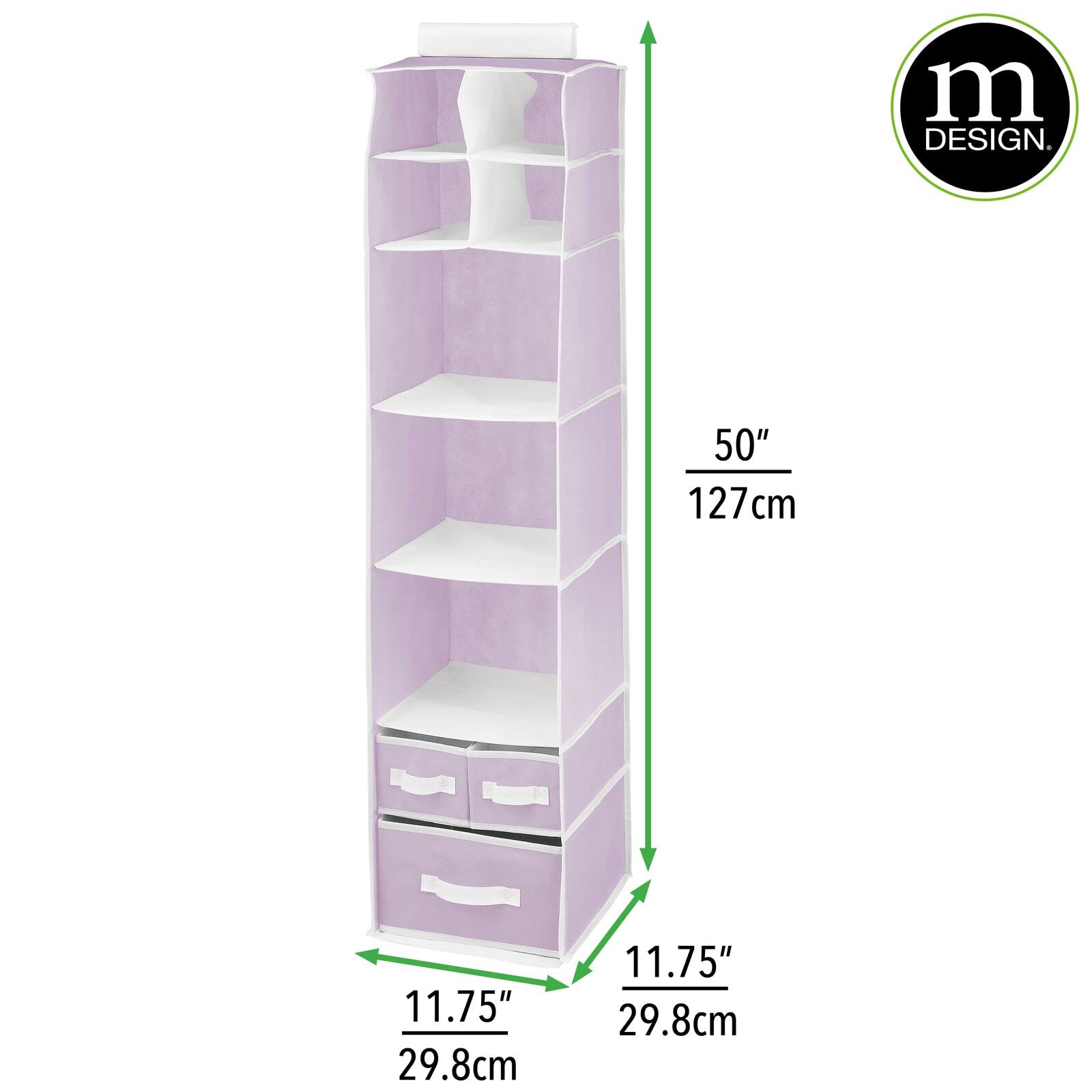 mDesign Fabric Hanging Organizer - Over Closet Rod Storage - 7 Shelves/3 Drawers for Baby Nursery or Bedroom Organization, Holds Clothes, Linens, Toys, Accessories, Jane Collection, Light Purple/White