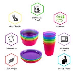 Cuddly Hippo Kids Plastic Dinnerware Set of 18 Multi Color Pieces (Plates, Bowls, and Cups) - Reusable, BPA-Free, Dishwasher Safe and Microwaveable