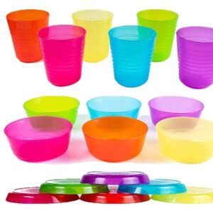 Cuddly Hippo Kids Plastic Dinnerware Set of 18 Multi Color Pieces (Plates, Bowls, and Cups) - Reusable, BPA-Free, Dishwasher Safe and Microwaveable