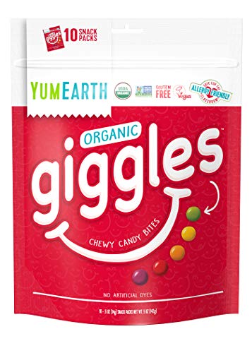 YumEarth Organic Giggles Chewy Candy - Allergy Friendly (Top 9 Free), No Artificial Dyes or Flavors, Non GMO, Gluten Free, Vegan - Individually Wrapped Fruity Snack Packs - 0.5 Ounce (Pack of 10)