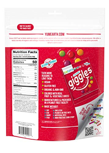 YumEarth Organic Giggles Chewy Candy - Allergy Friendly (Top 9 Free), No Artificial Dyes or Flavors, Non GMO, Gluten Free, Vegan - Individually Wrapped Fruity Snack Packs - 0.5 Ounce (Pack of 10)