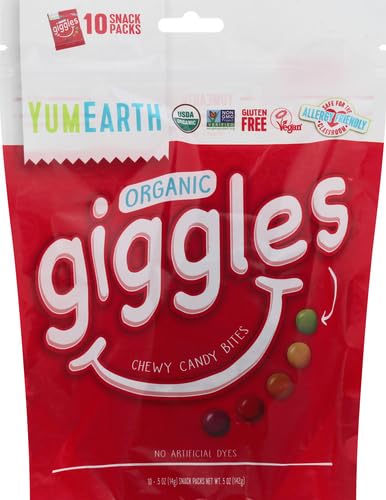 YumEarth Organic Giggles Chewy Candy - Allergy Friendly (Top 9 Free), No Artificial Dyes or Flavors, Non GMO, Gluten Free, Vegan - Individually Wrapped Fruity Snack Packs - 0.5 Ounce (Pack of 10)