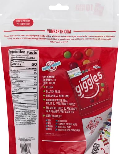 YumEarth Organic Giggles Chewy Candy - Allergy Friendly (Top 9 Free), No Artificial Dyes or Flavors, Non GMO, Gluten Free, Vegan - Individually Wrapped Fruity Snack Packs - 0.5 Ounce (Pack of 10)