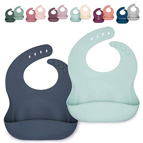 AVA + OLIVER Silicone Bib Set - Adjustable Waterproof Bibs - Set of 2 (Blue Skies)