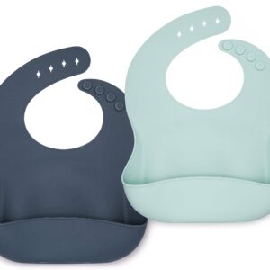 AVA + OLIVER Silicone Bib Set - Adjustable Waterproof Bibs - Set of 2 (Blue Skies)