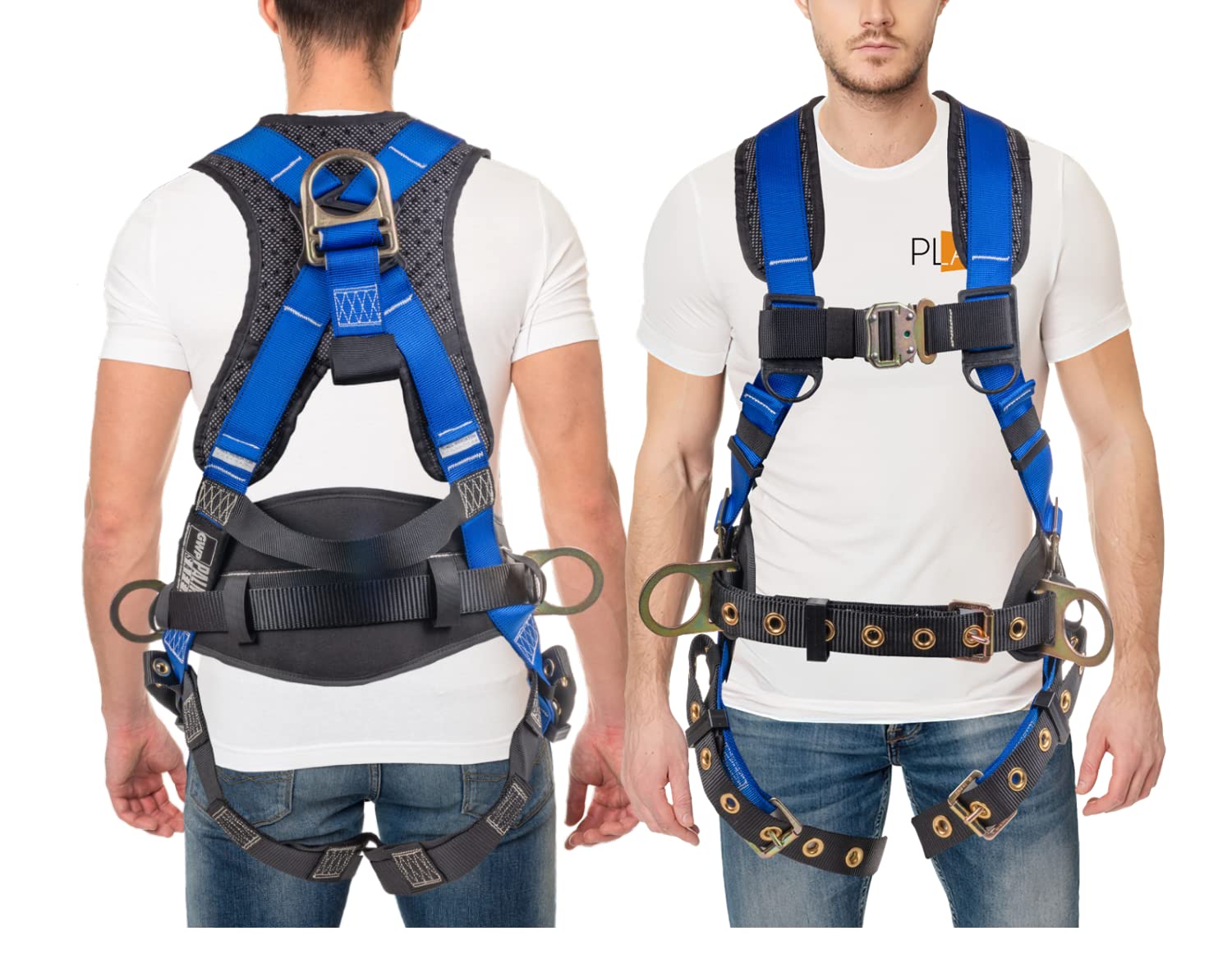 Palmer Safety Fall Protection Full Body 5 point Harness, Padded Back Support, Quick-Connect Buckle, Grommet Legs, Back&Side D-Rings, OSHA ANSI Industrial Roofing Tool Personal Equipment (Blue - LG)