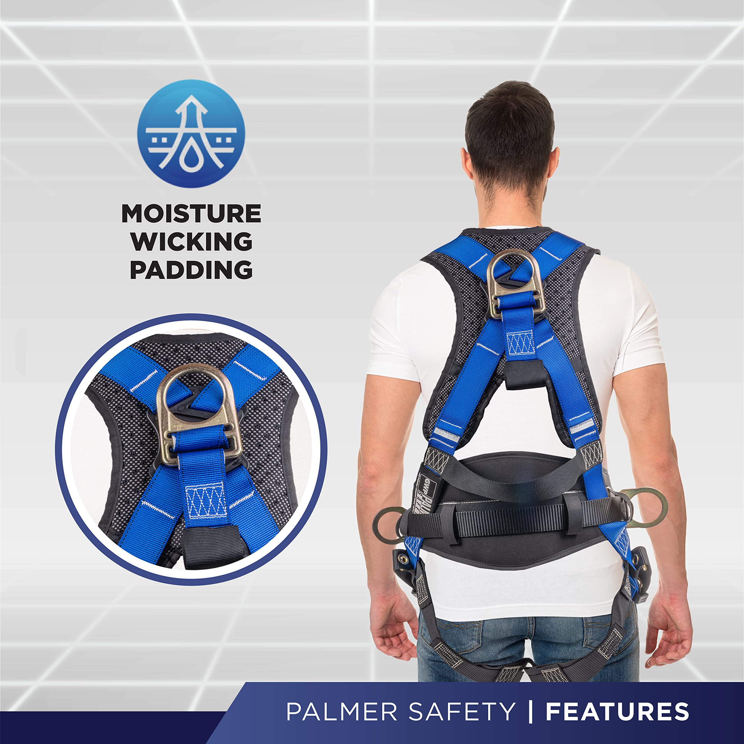 Palmer Safety Fall Protection Full Body 5 point Harness, Padded Back Support, Quick-Connect Buckle, Grommet Legs, Back&Side D-Rings, OSHA ANSI Industrial Roofing Tool Personal Equipment (Blue - LG)