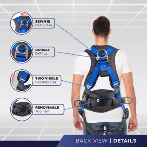 Palmer Safety Fall Protection Full Body 5 point Harness, Padded Back Support, Quick-Connect Buckle, Grommet Legs, Back&Side D-Rings, OSHA ANSI Industrial Roofing Tool Personal Equipment (Blue - LG)