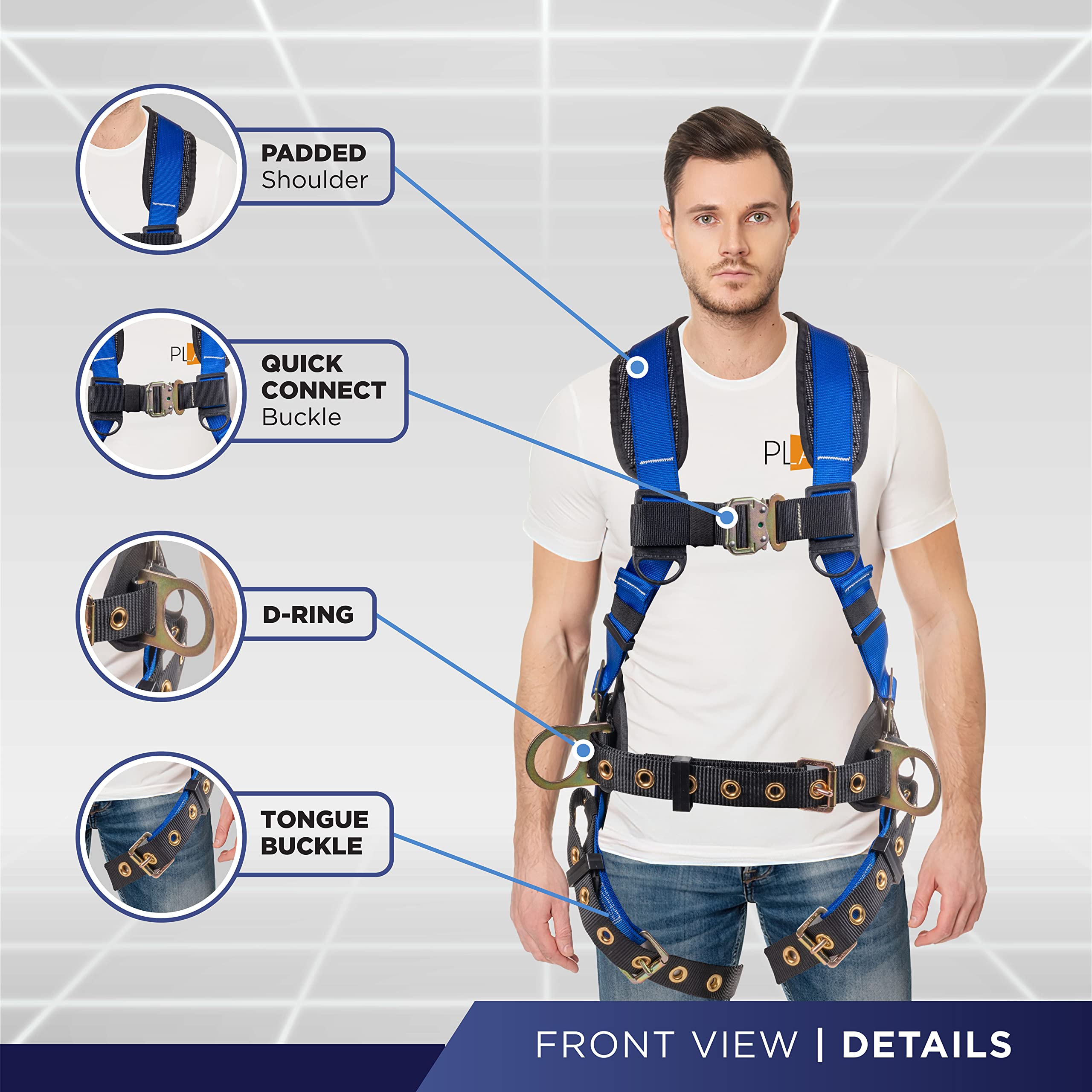 Palmer Safety Fall Protection Full Body 5 point Harness, Padded Back Support, Quick-Connect Buckle, Grommet Legs, Back&Side D-Rings, OSHA ANSI Industrial Roofing Tool Personal Equipment (Blue - LG)