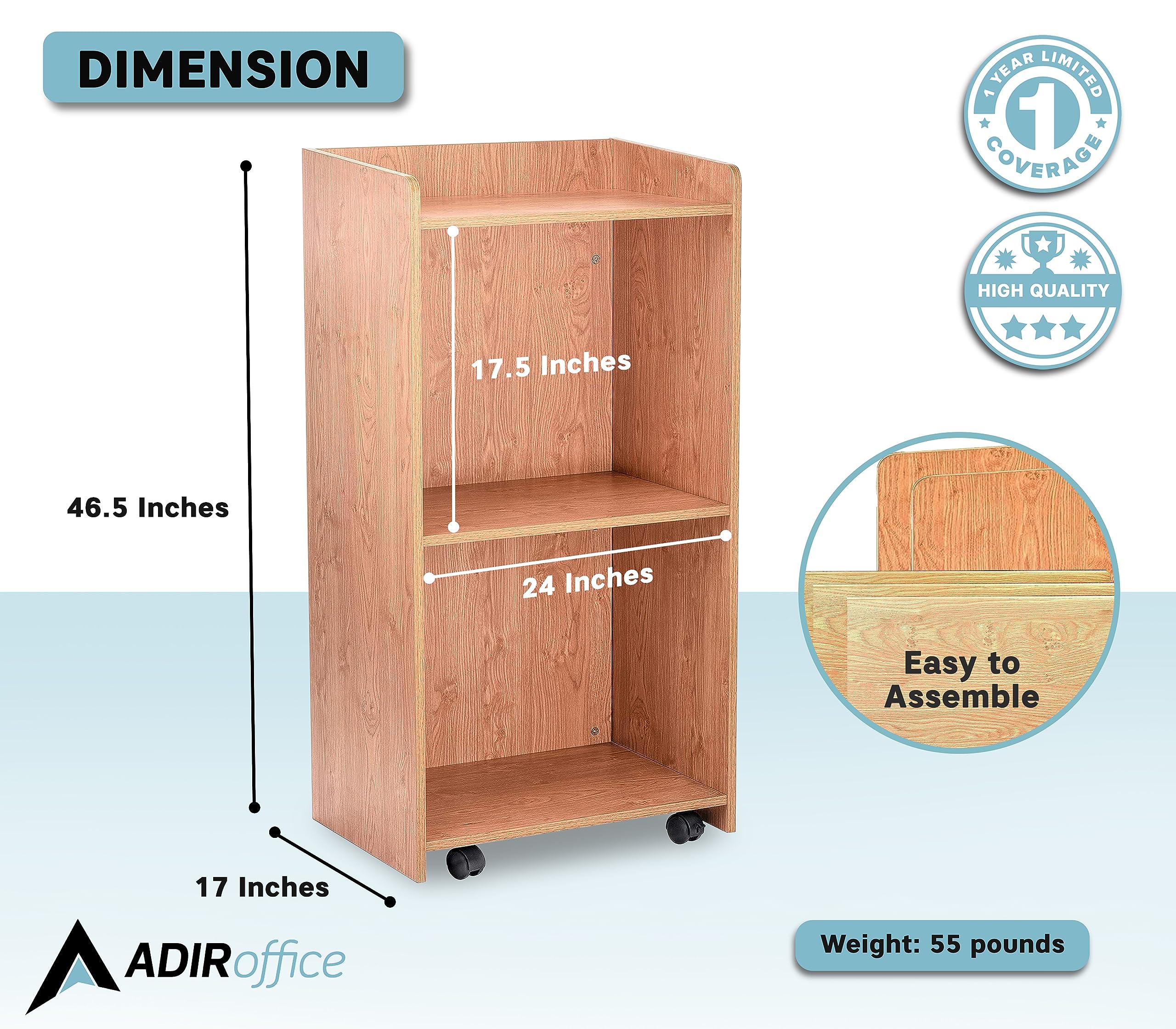 AdirOffice Podium with Wheels, Hostess Stand for Restaurant, Rolling Podium Stand, Medium Oak