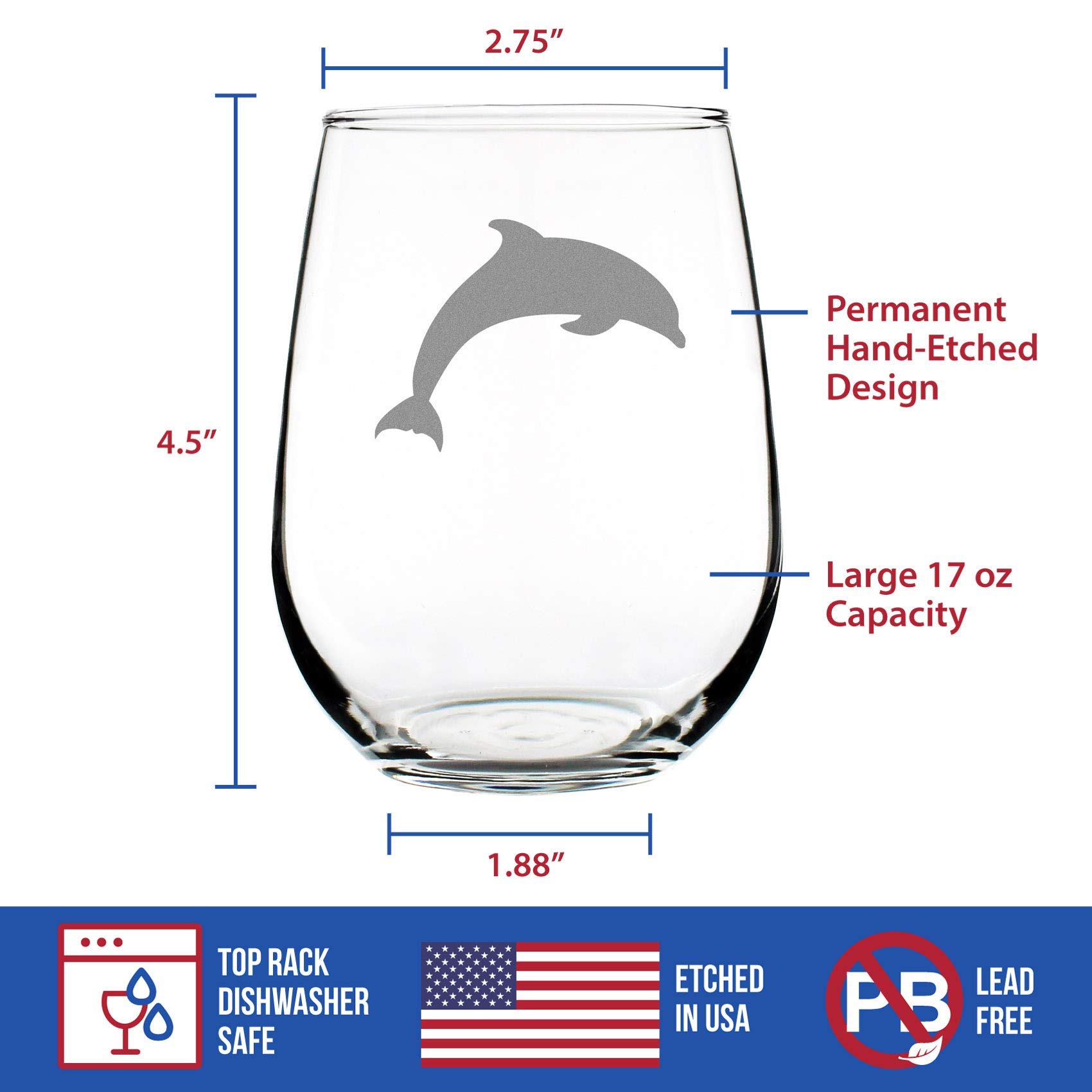 Dolphin Silhouette Stemless Wine Glass - Cute Dolphin Themed Gifts or Party Decor for Women and Men - Large