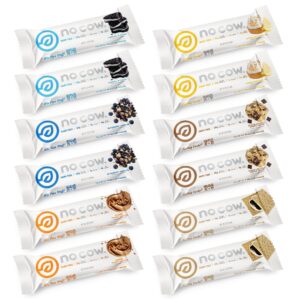 no cow high protein bars, top flavors pack, 20g plus plant based vegan, keto friendly, low sugar, low carb, low calorie, gluten free, dairy free, non gmo, kosher, 12 pack