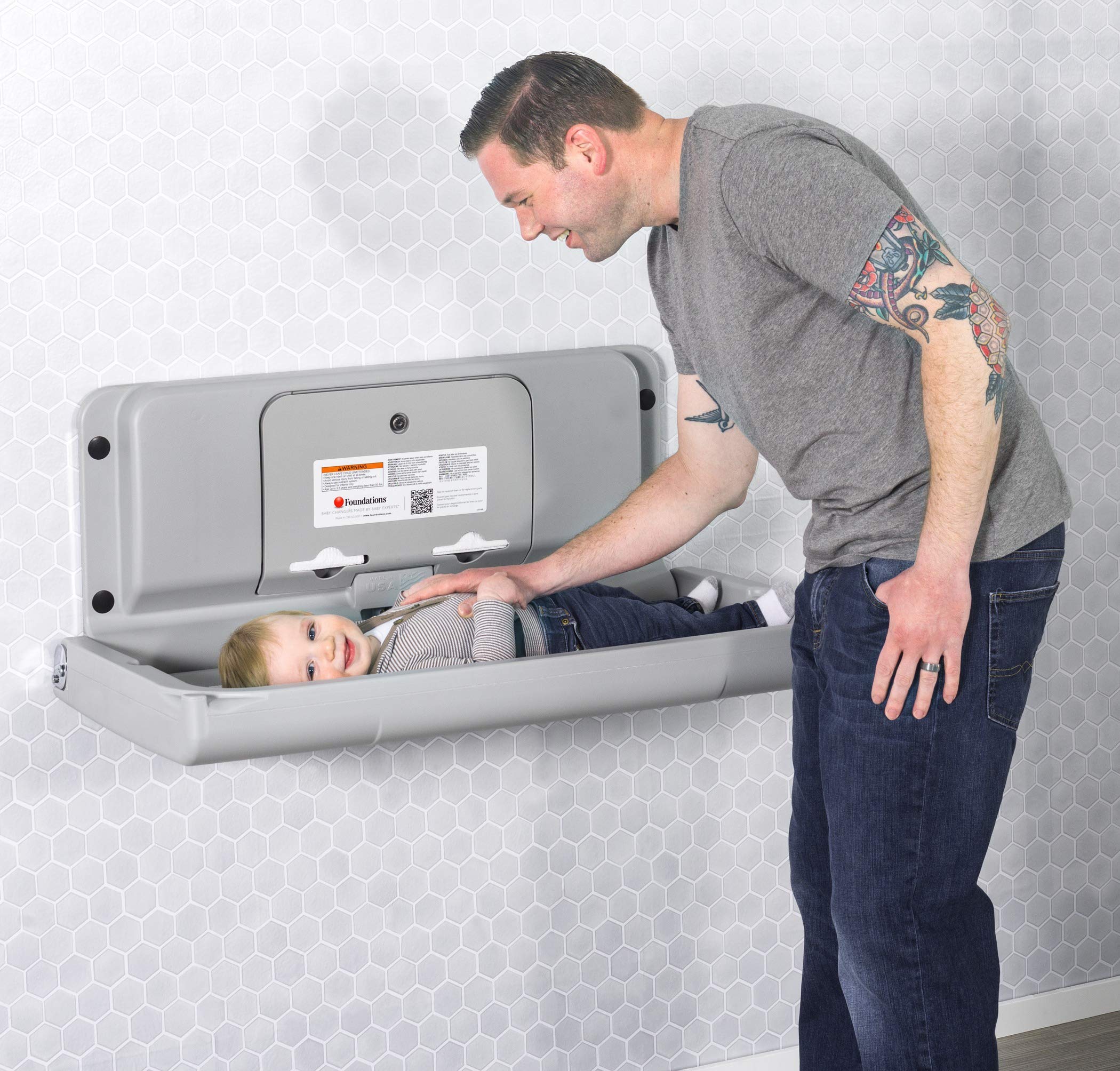 Foundations Ultra 200-EH Horizontal Wall-Mounted Baby Changing Station for Commercial Restrooms, High Density Polyethylene, Includes Safety Straps, Meets All Safety Standards, Made in The USA (Gray)