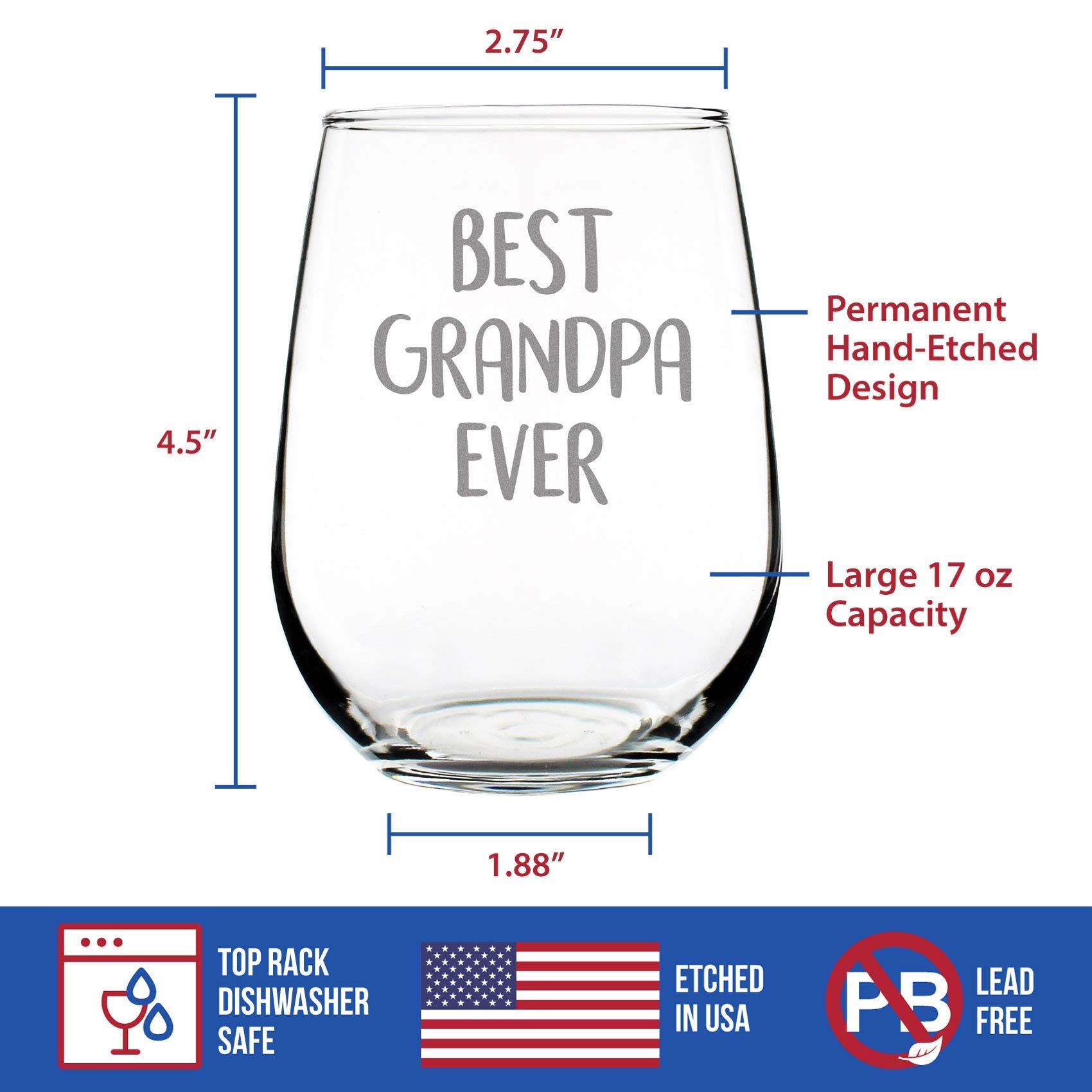 Best Grandpa Ever - Stemless Wine Glass Gift for Grandfathers & Dads - Fun Birthday Glassware - Large Glasses