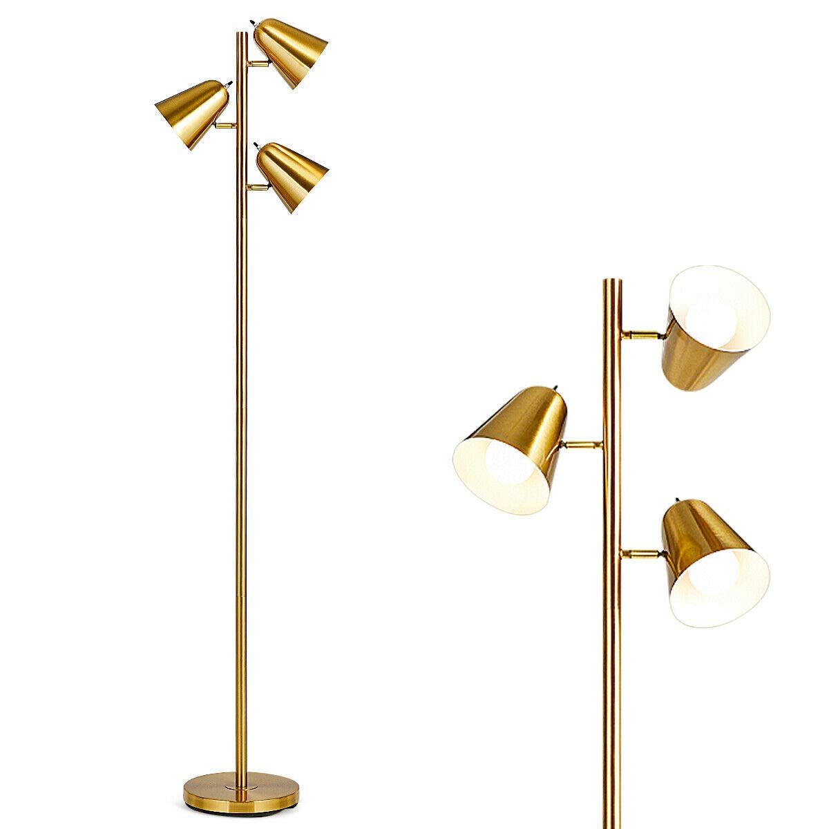 Tangkula 3-Light Floor Lamp, 64” Mid Century Modern Standing Tall Pole Lamp with 3 LED Bulbs and Adjustable Heads, Reading Light for Living Room Bedroom, 360 Lighting (Antique Brass)