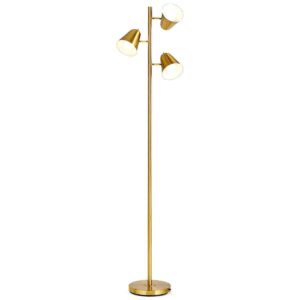 Tangkula 3-Light Floor Lamp, 64” Mid Century Modern Standing Tall Pole Lamp with 3 LED Bulbs and Adjustable Heads, Reading Light for Living Room Bedroom, 360 Lighting (Antique Brass)