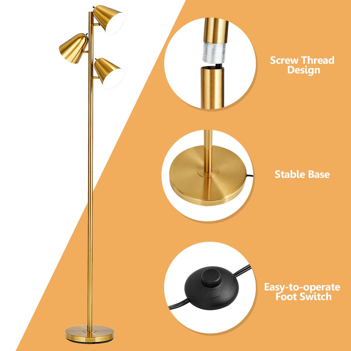 Tangkula 3-Light Floor Lamp, 64” Mid Century Modern Standing Tall Pole Lamp with 3 LED Bulbs and Adjustable Heads, Reading Light for Living Room Bedroom, 360 Lighting (Antique Brass)