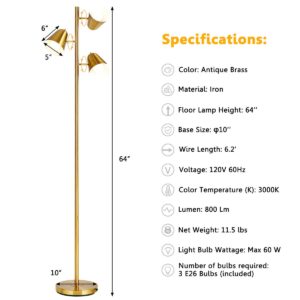 Tangkula 3-Light Floor Lamp, 64” Mid Century Modern Standing Tall Pole Lamp with 3 LED Bulbs and Adjustable Heads, Reading Light for Living Room Bedroom, 360 Lighting (Antique Brass)