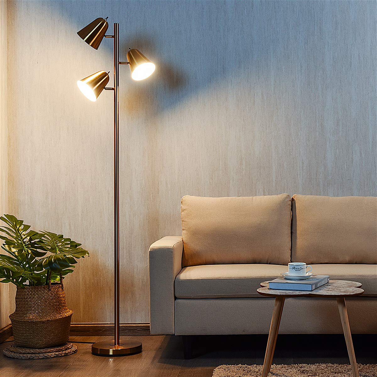 Tangkula 3-Light Floor Lamp, 64” Mid Century Modern Standing Tall Pole Lamp with 3 LED Bulbs and Adjustable Heads, Reading Light for Living Room Bedroom, 360 Lighting (Antique Brass)