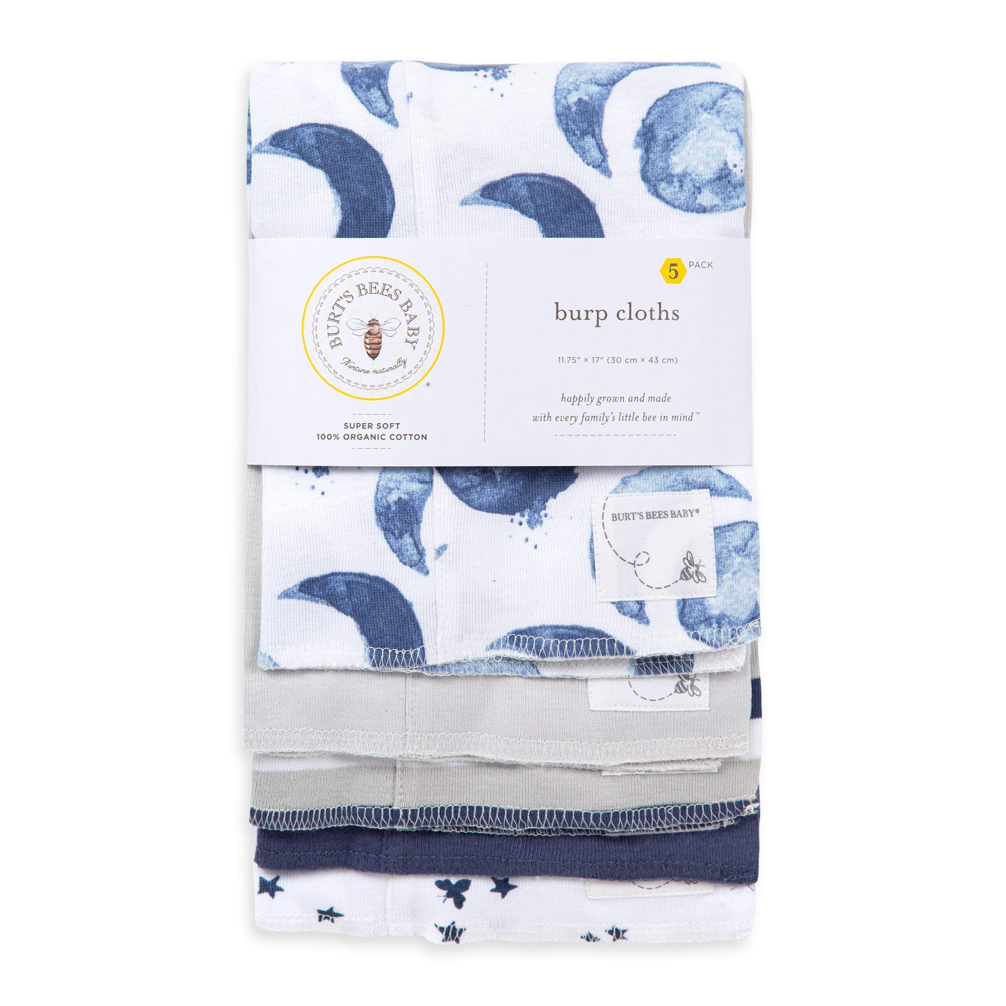 Burts Bees Baby Infant Burp Cloths, 100% Organic Cotton Extra Absorbent Soft Fabric Drool Cloths, 5-Pack Newborn Must-Have Essential Large Burping Cloths, One Size 17 x 11.75 Inches