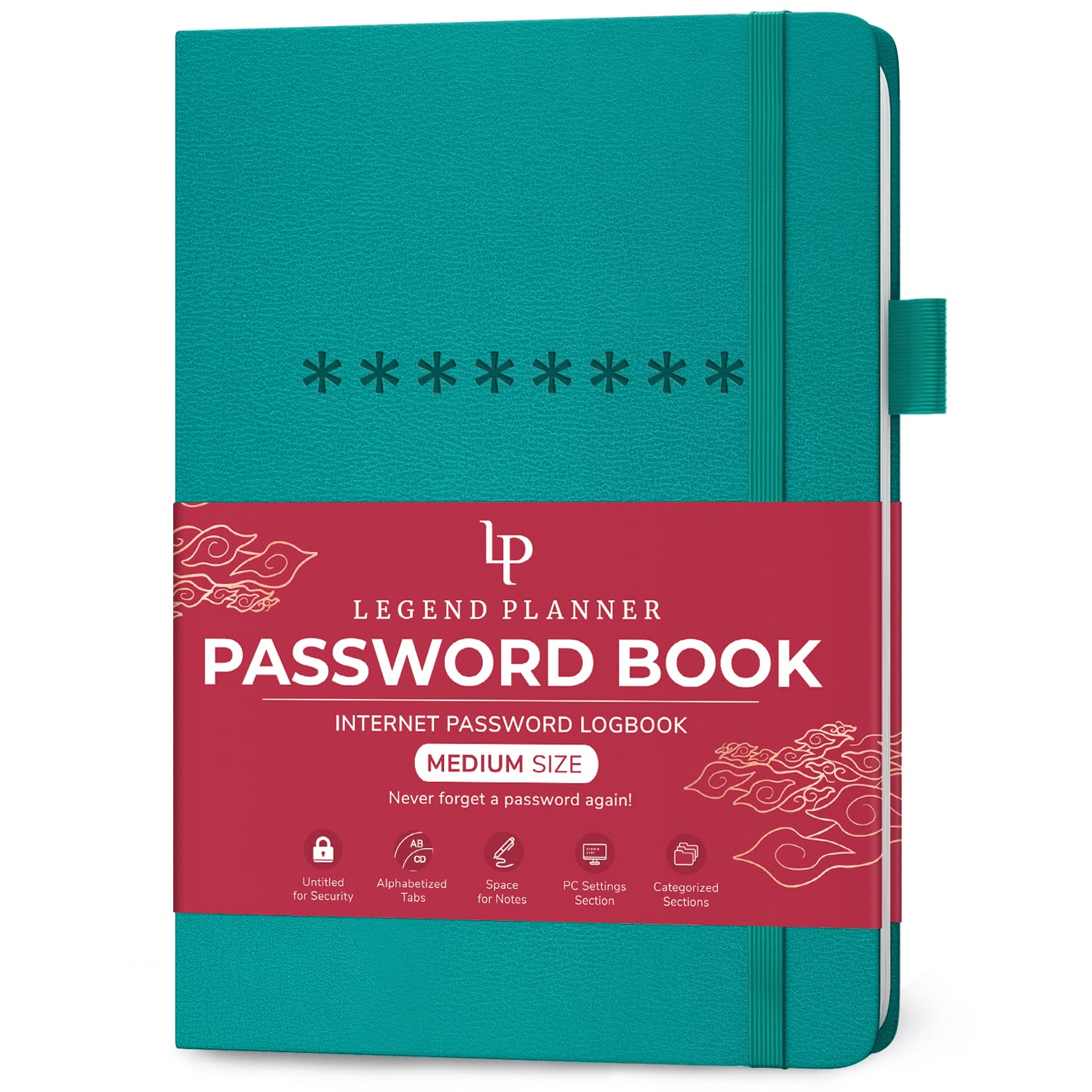 Legend Planner Password Book with Alphabetical tabs. Internet Address Keeper Logbook. Journal for Website Logins, Medium 5.3x7.7" (Turquoise)